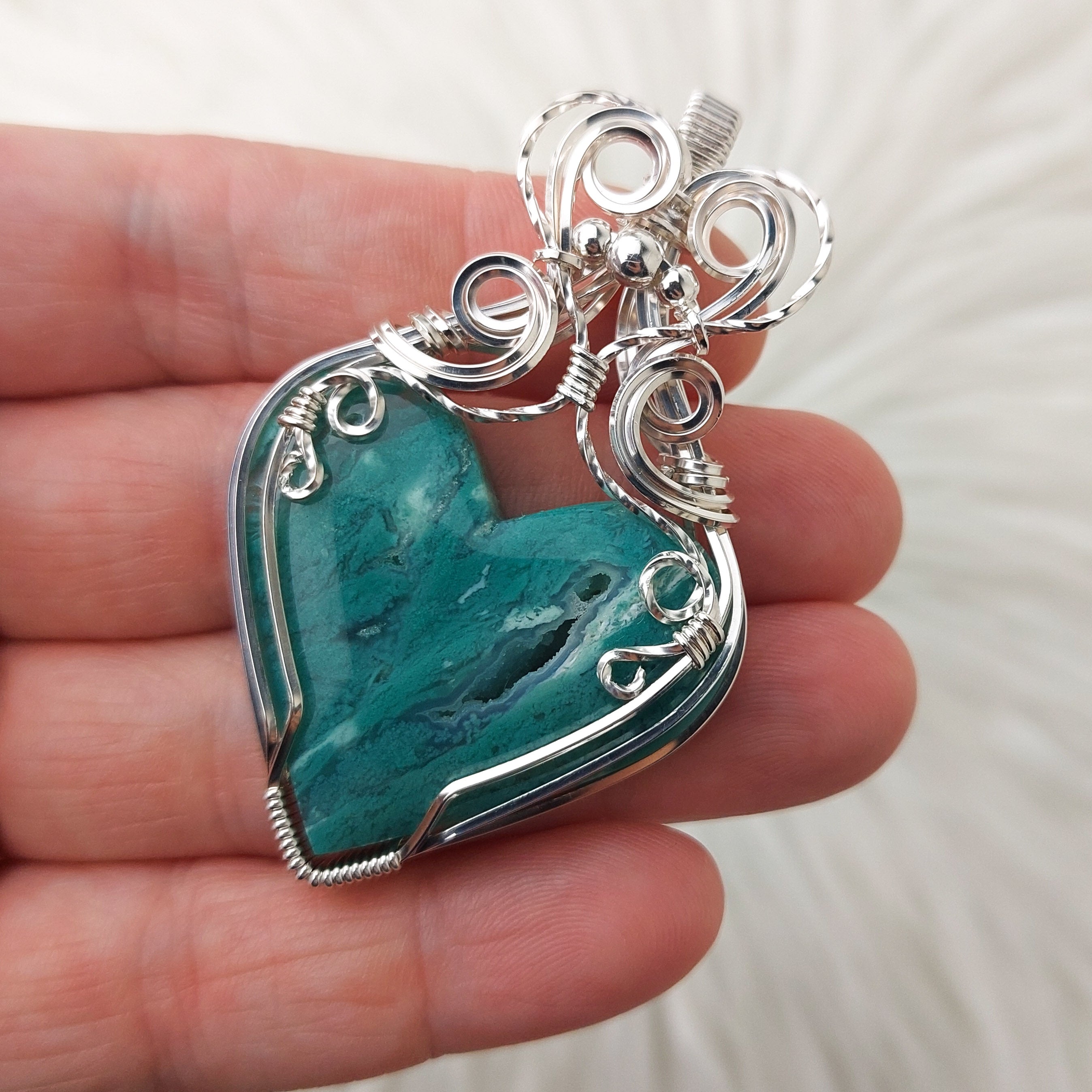 Artisan Cut Chrome Chalcedony In Sterling Silver Heart Pendant