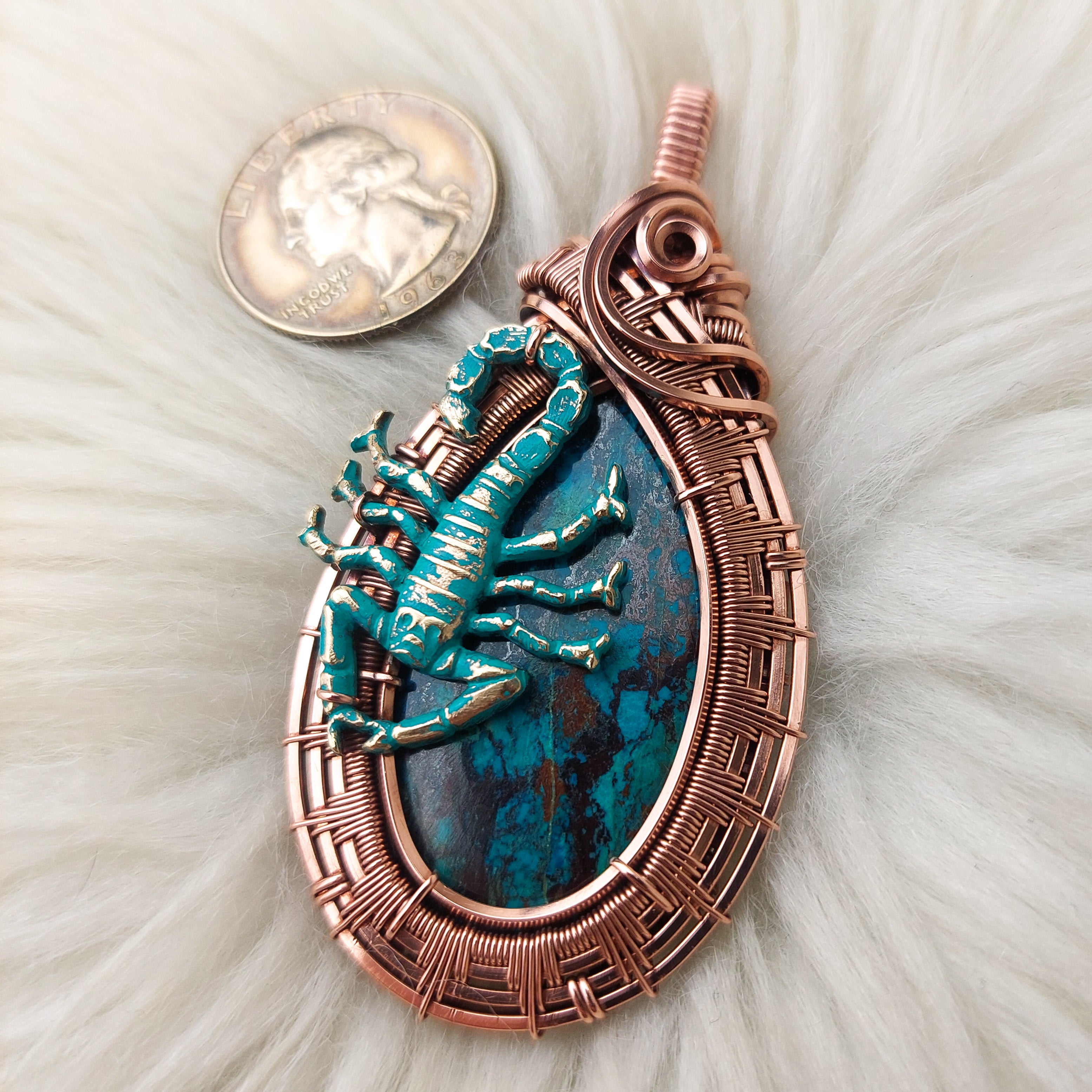 Shattuckite and Scorpion Copper Statement Pendant Entwined Mind Designs
